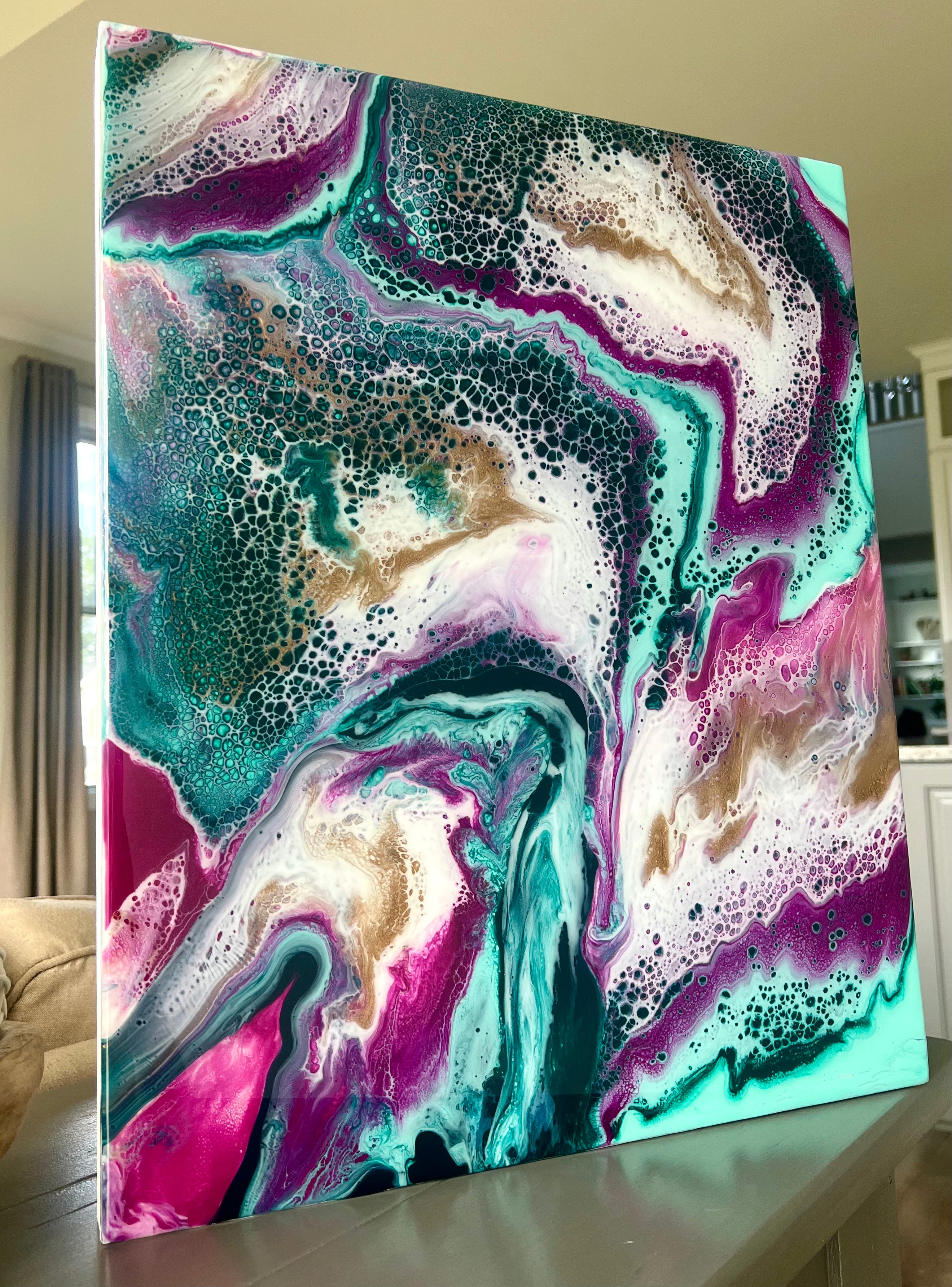 16" x 20" Dark Turqoise, Fuchsia, Light Teal, and Gold Resin Puddle ...