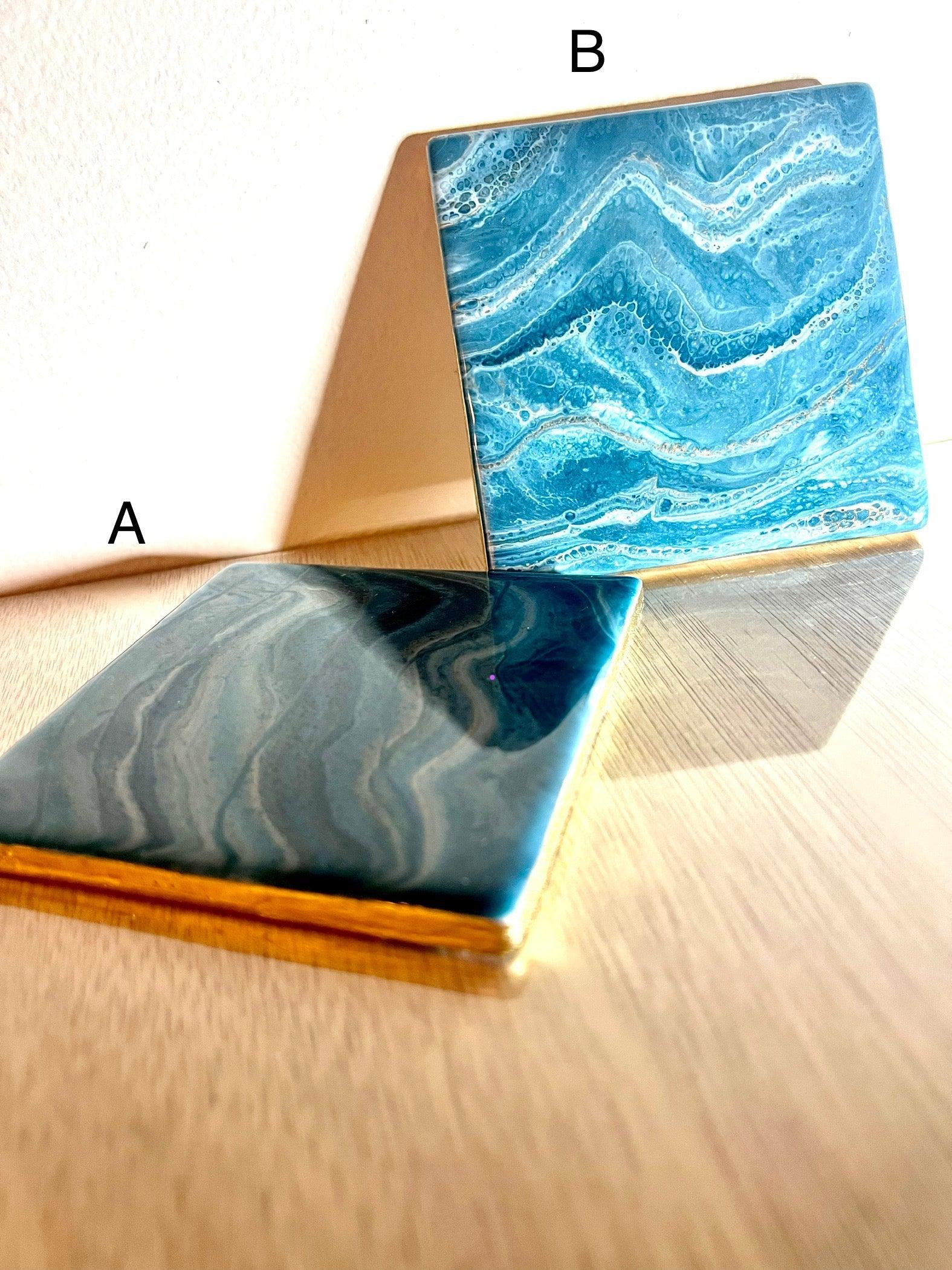 Individual (1 ea) Blues and Gold Ceramic Tile Coaster